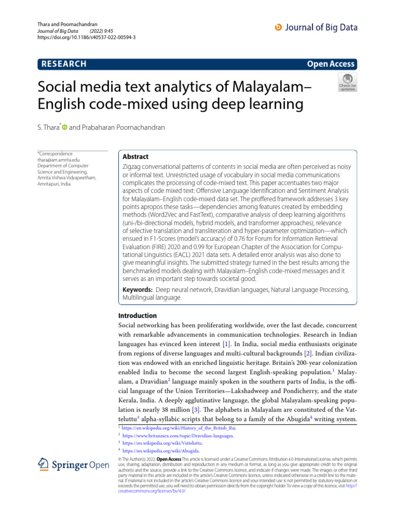 Social Media Text Analytics of Malayalam - English Code Mixed Using Deep Learning | PDF | Deep ...