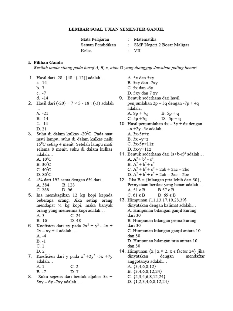 PAS Matematika Kelas 7 (Ganjil) | PDF | Metode & Bahan Ajar