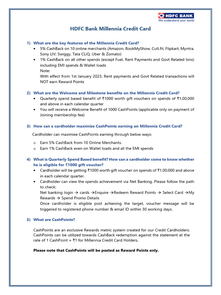 HDFC Bank Millennia Credit Card: Please Note That Cashpoints Will Be ...
