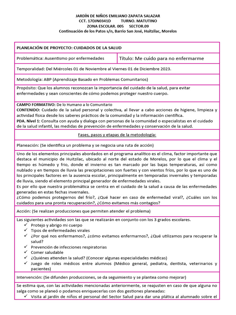 Planeacion de Proyecto - Cuidados de La Salud | PDF | Educación de la ...