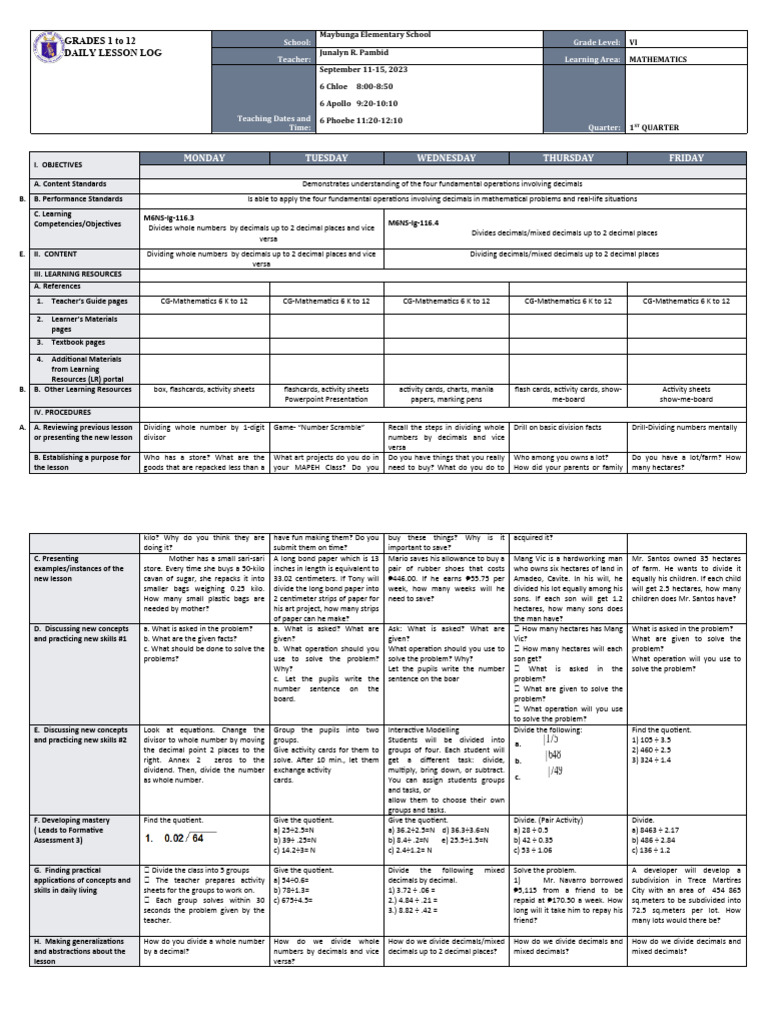 DLL - Mathematics 6 - q1 - W7.docx Div WN by Dec | PDF | Division (Mathematics) | Mathematics