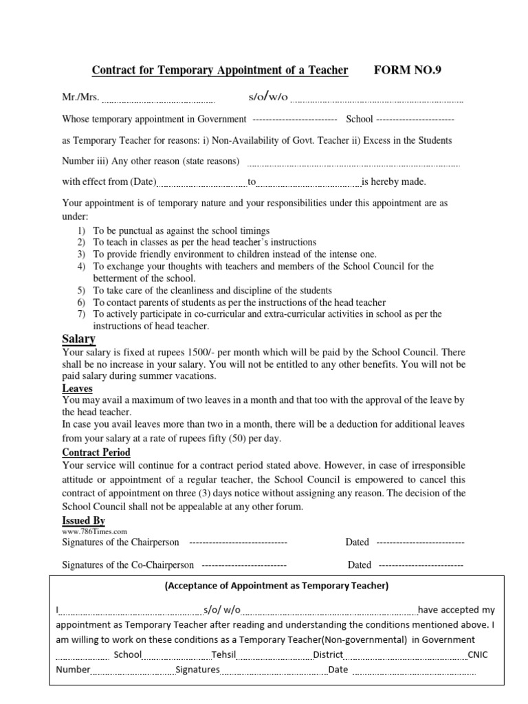 Contract For Temporary Appointment of A Teacher Form No.9: Leaves | PDF ...
