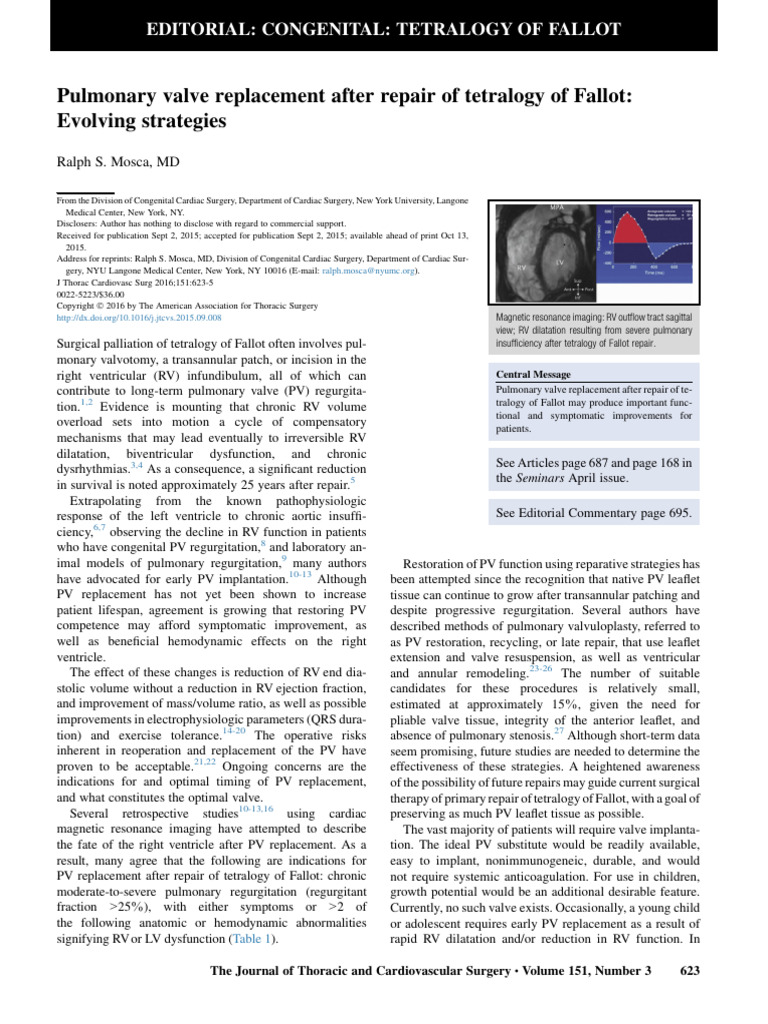 Pulmonary Valve Replacement After Repair of Tetralogy of Fallot: Evolving Strategies | Download ...