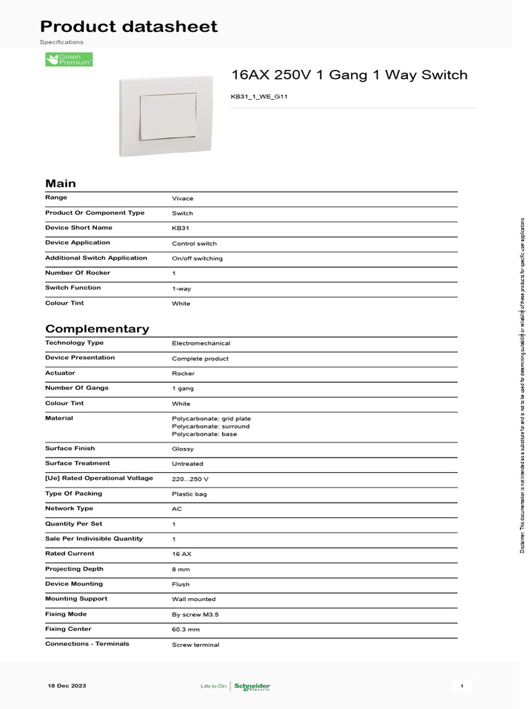 Schneider Electric - Vivace - 1Gang1Way Switch | PDF | Switch | Components