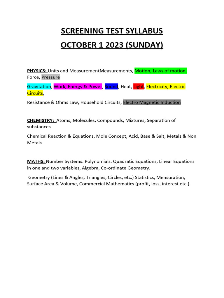 Screening Test Syllabus | PDF