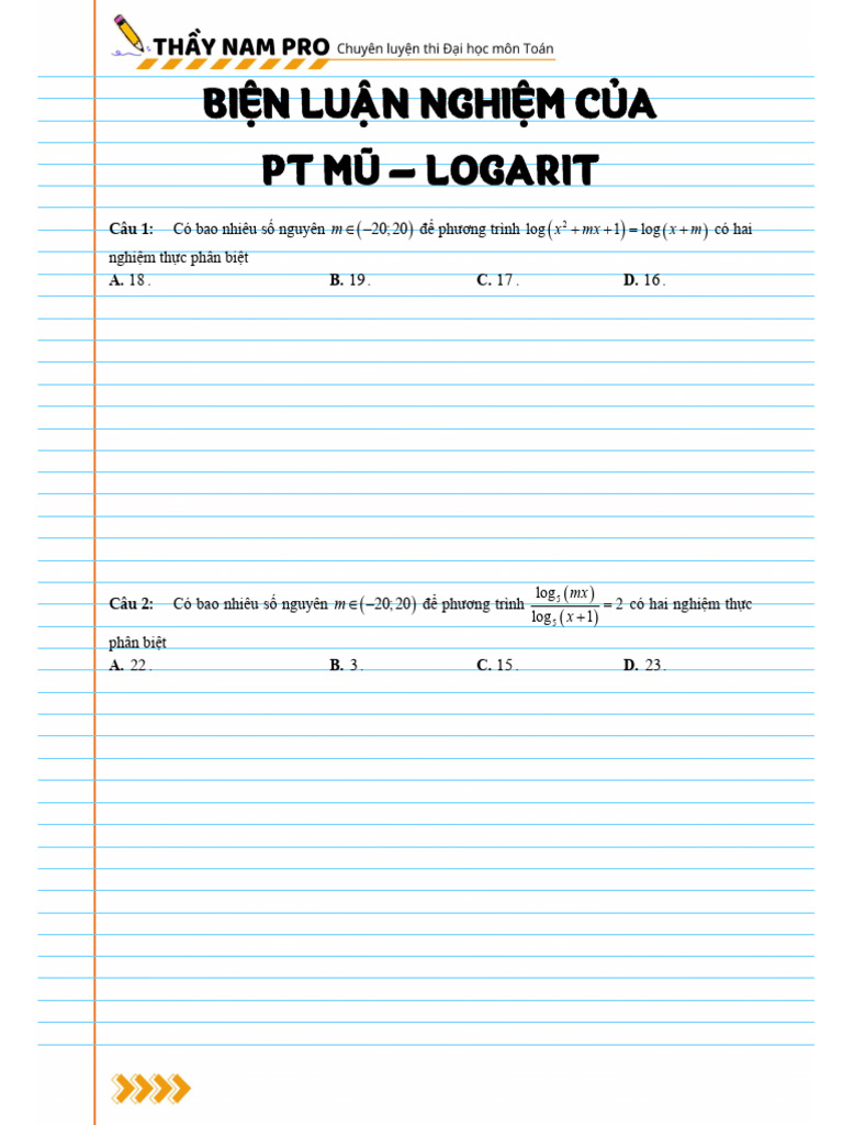 Biện Luận Nghiệm Pt Mũ Loga (Pbt) | PDF