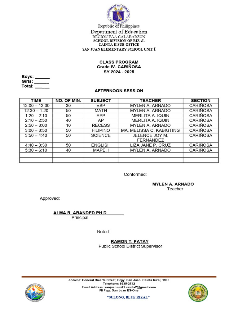 Grade 4 Class Program 2024-2025 | PDF | Southeast Asia | Philippines
