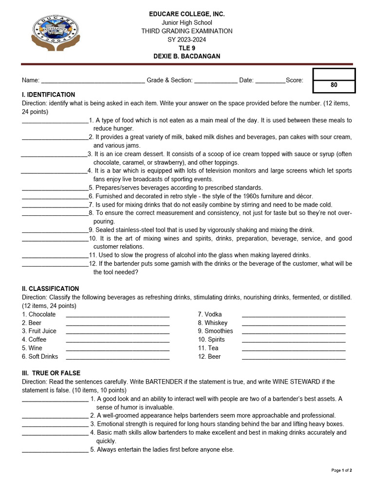 Grade 9 - Exam Updated | PDF | Drink | Food And Drink