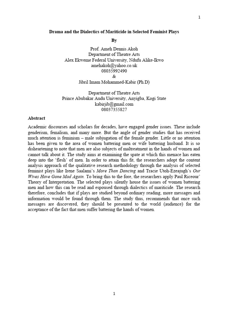 Drama and The Dialectics of Mariticide in Selected Feminist Plays | PDF