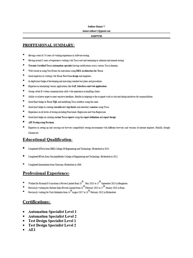 Tosca Automation Tester Resume | PDF | Automation | Software Testing