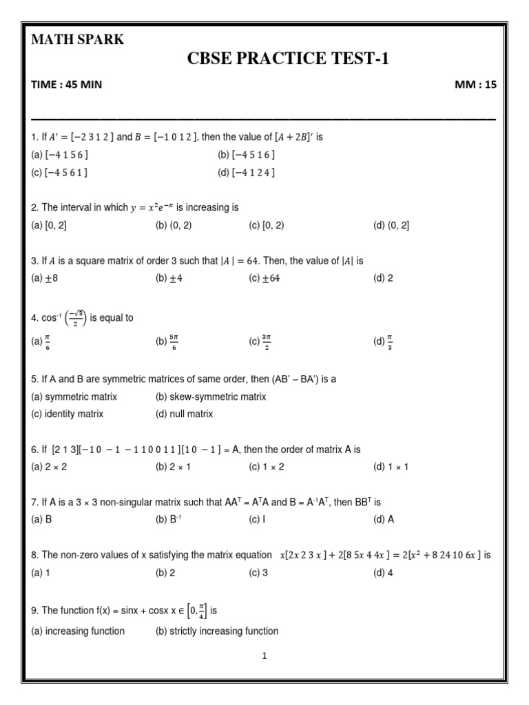 Xii Maths Objective Practice Test-1 | PDF | Matrix (Mathematics ...