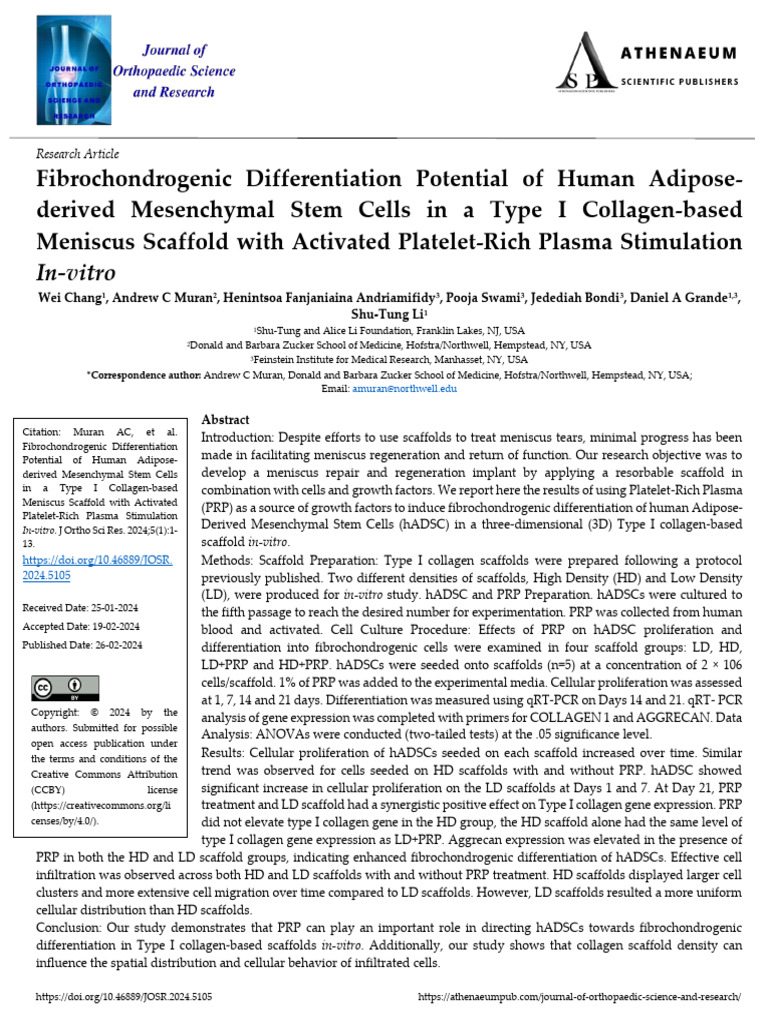Fibrochondrogenic Differentiation Potential of Human Adipose Derived Mesenchymal Stem Cells in a ...