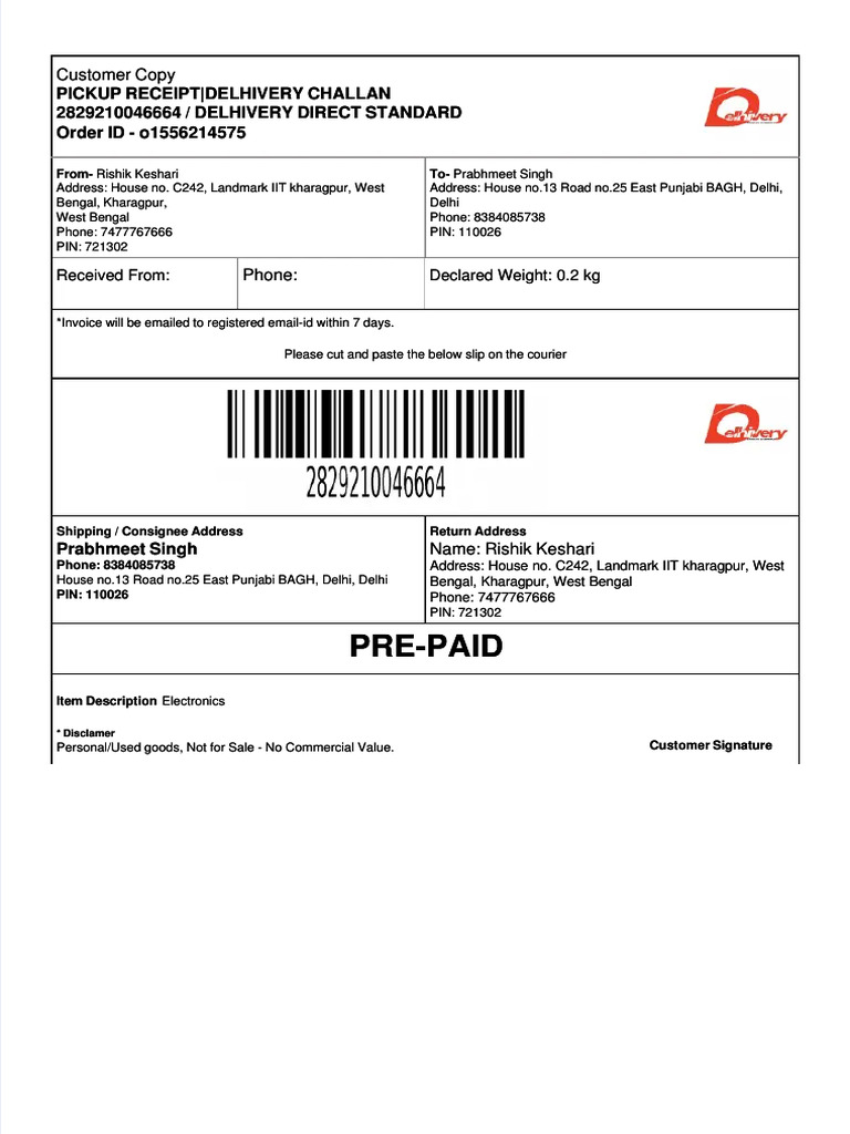 PDF Pre Paid Pickup Receipt Delhivery Challan 2829210046664 Delhivery Direct Standard Order Id ...
