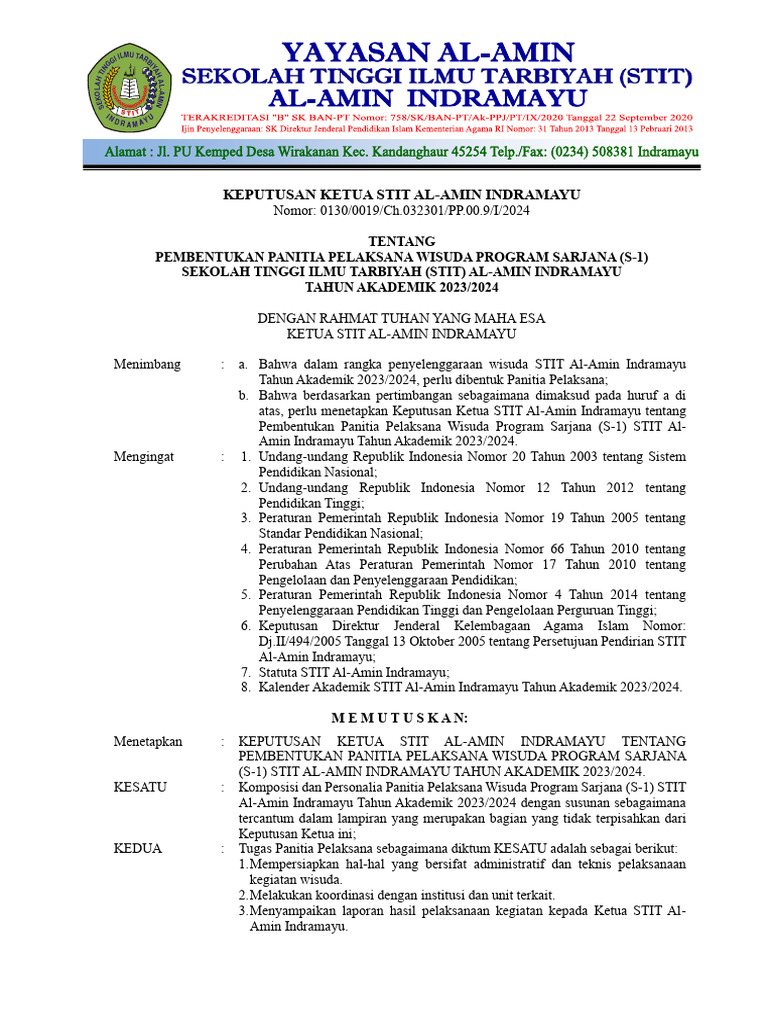 SK Panitia Wisuda STIT Al-Amin Indramayu 2024 | PDF