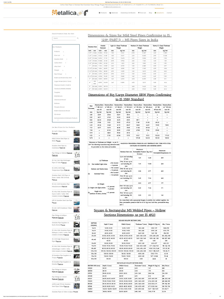 Mild Steel Pipe Dimensions, IS 1239, IS 3589, IS 4923 | Download Free ...