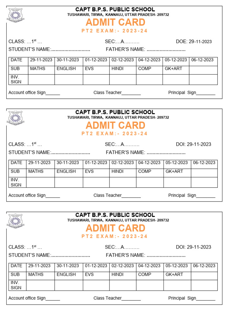 Capt B.P.S. School Admit Card 2023-24 | PDF | Languages Of India