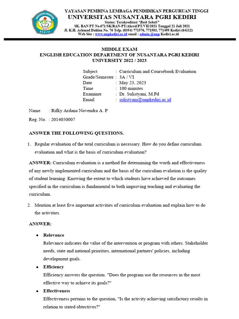 Rifky Ardana N. 3A (UTS Coursebook) 2 | PDF | Evaluation | Curriculum