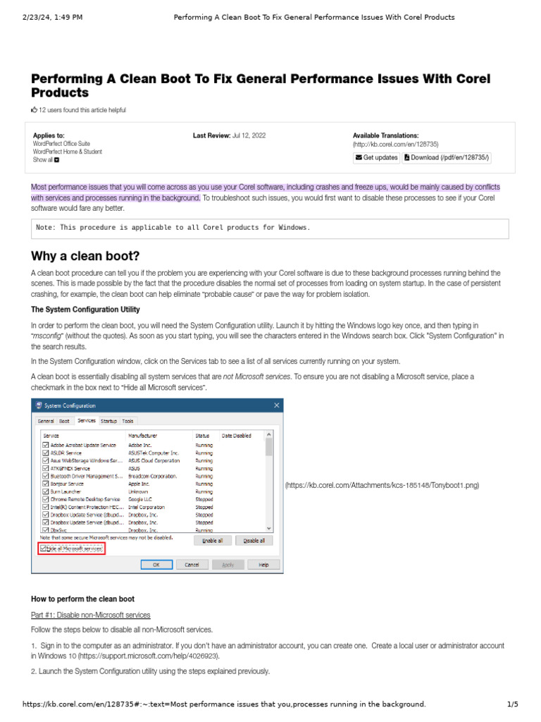 Clean Boot for Corel Performance Issues | PDF | Booting | Operating ...