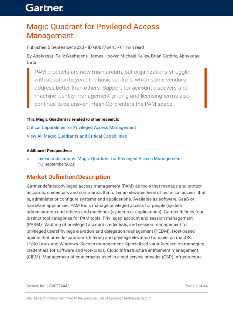 2023 - Magic Quadrant For Privileged Access Management | PDF | Cloud Computing | Software As A ...