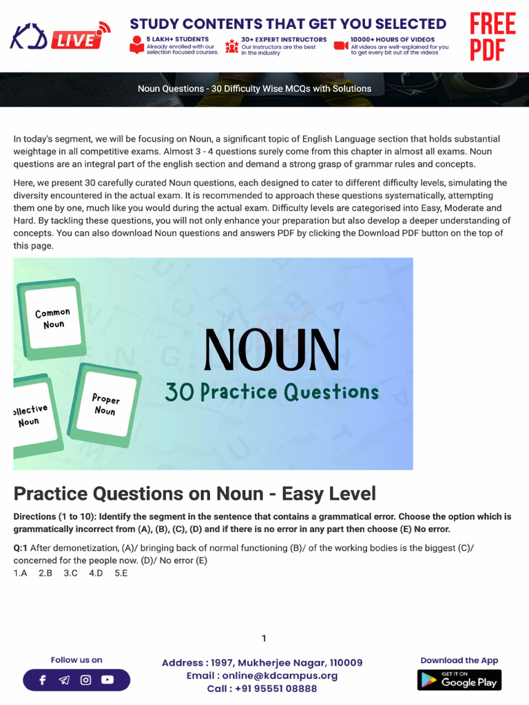 Noun Questions 30 Difficulty Wise Mcqs With Solutions | PDF