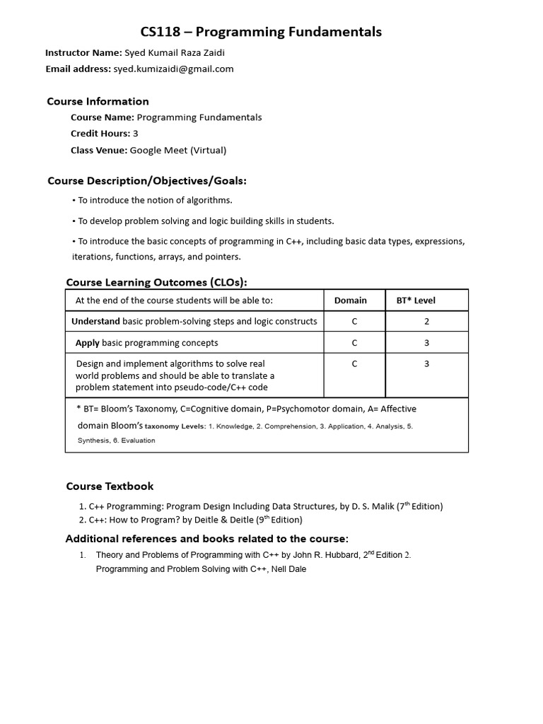 Pf Cs 118 Course Outline Tentative Pdf Pointer Computer Programming Computer Programming