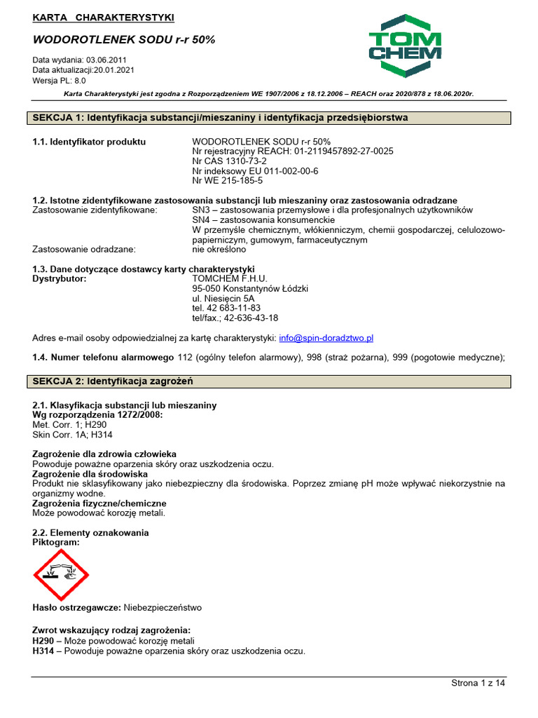 Wodorotlenek Sodu 50% - Karta Charakterystyki | PDF