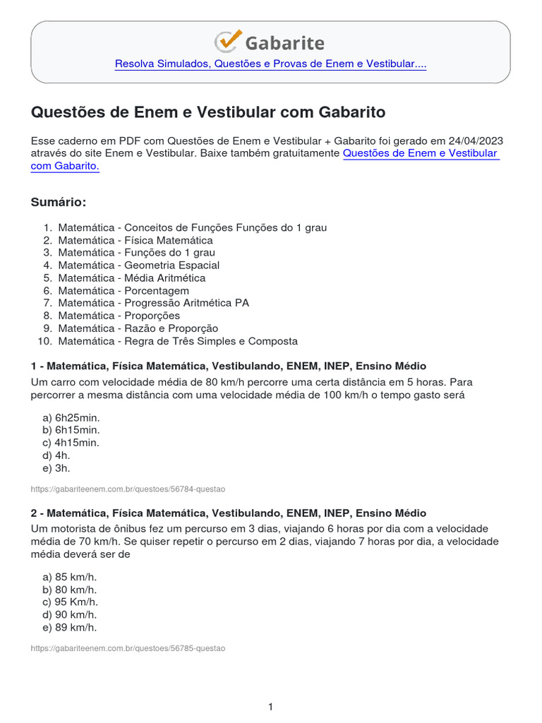 Caderno de Questoes Matematica Enem Gabarite | PDF | Chuva | Aquífero