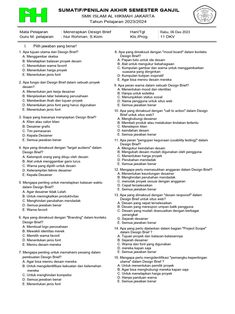 11 Format Soal Menerapkan Design Brief SAS Ganjil 2324 | PDF