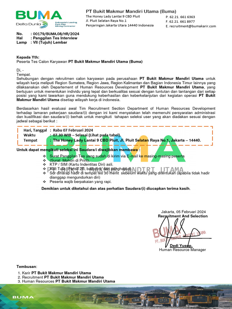 Panggilan Tes Interview PT BUMA 2024 | PDF | Bisnis