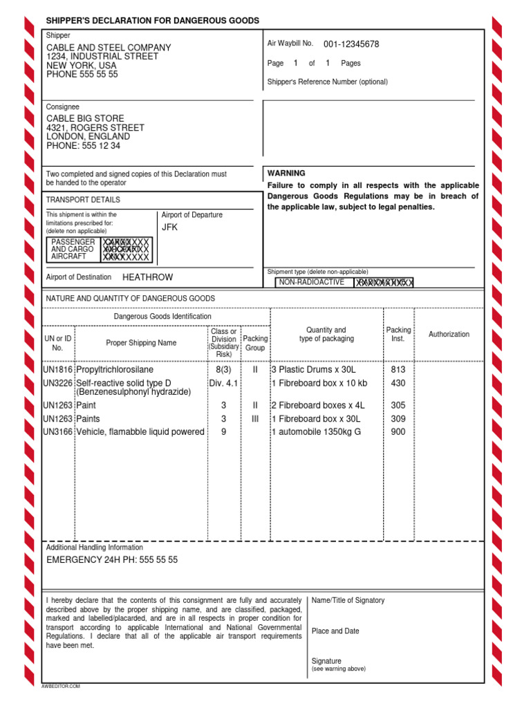 Shipper's Declaration for Dangerous Goods | PDF | Dangerous Goods | Cargo