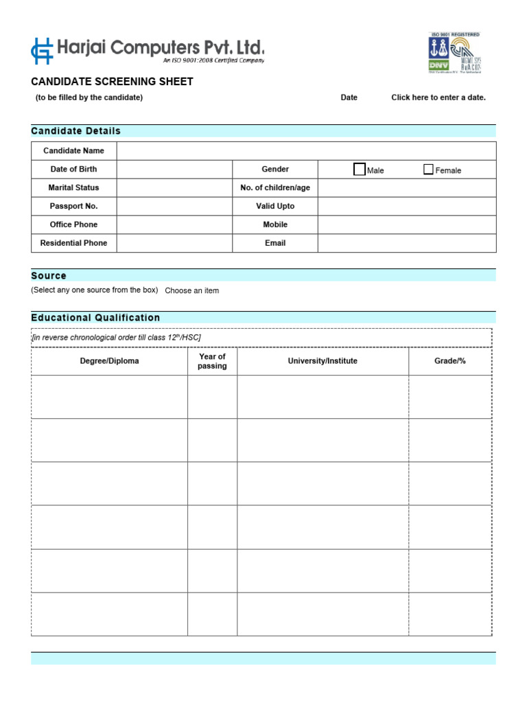 Candidate Screening Form Template | PDF