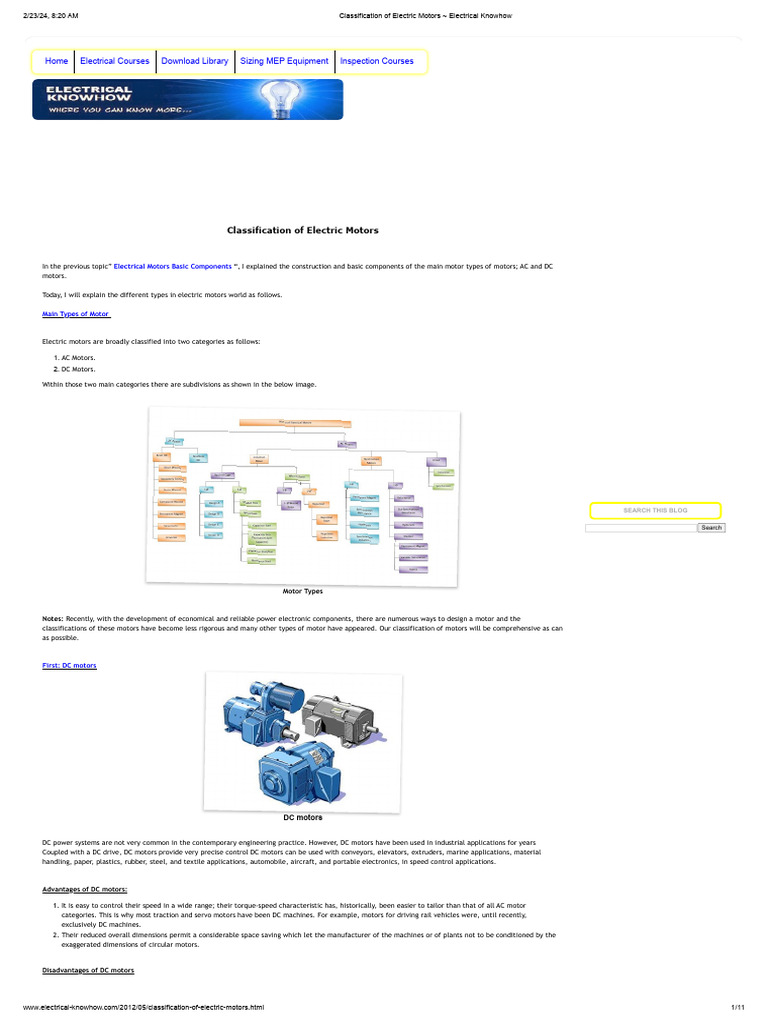 Classification of Electric Motors Electrical Knowhow | PDF | Electric ...