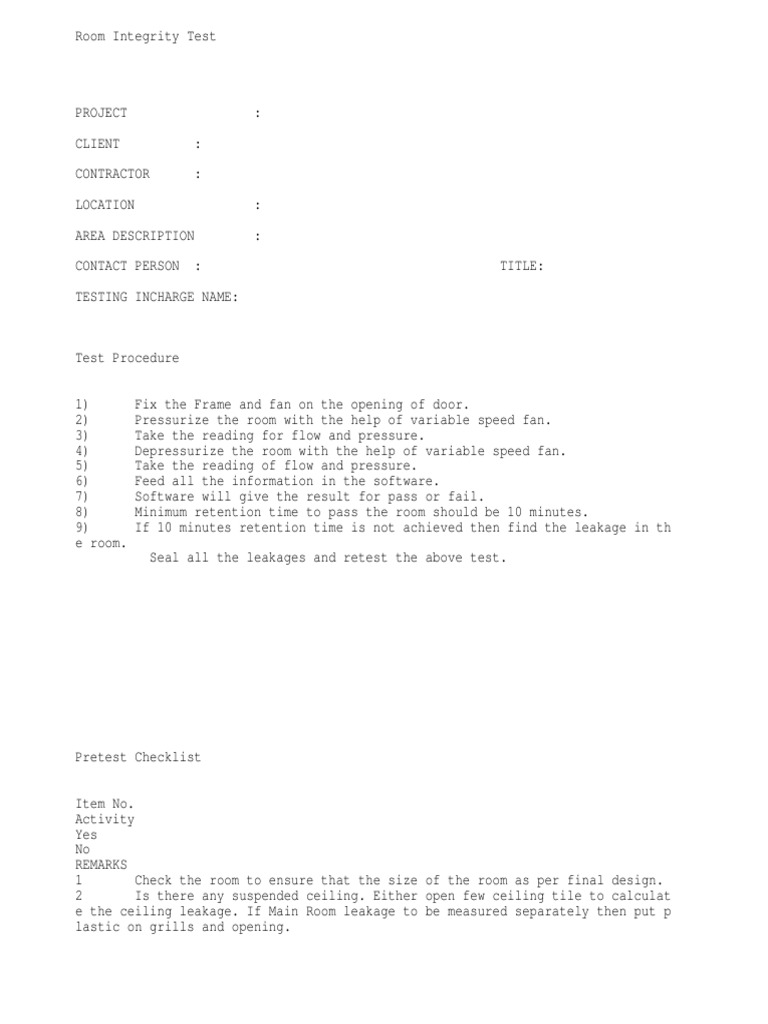 Room Integrity Testing Procedure Guide | PDF | Duct (Flow) | Civil ...