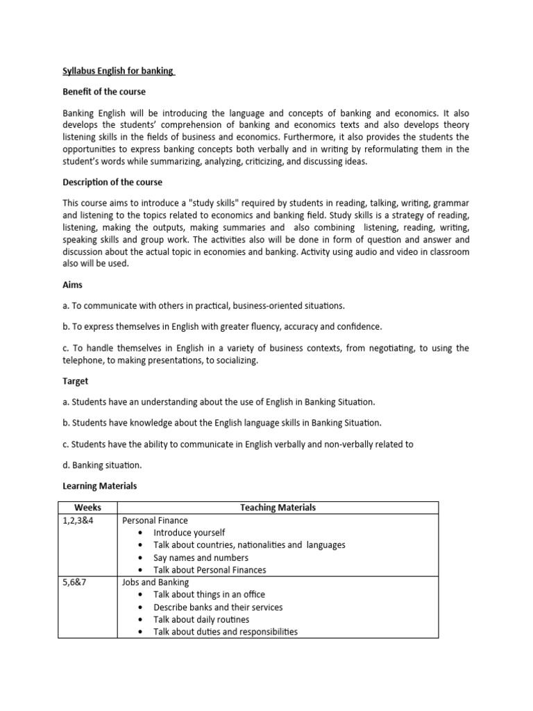 Banking English Course Syllabus | PDF | Economics | Communication