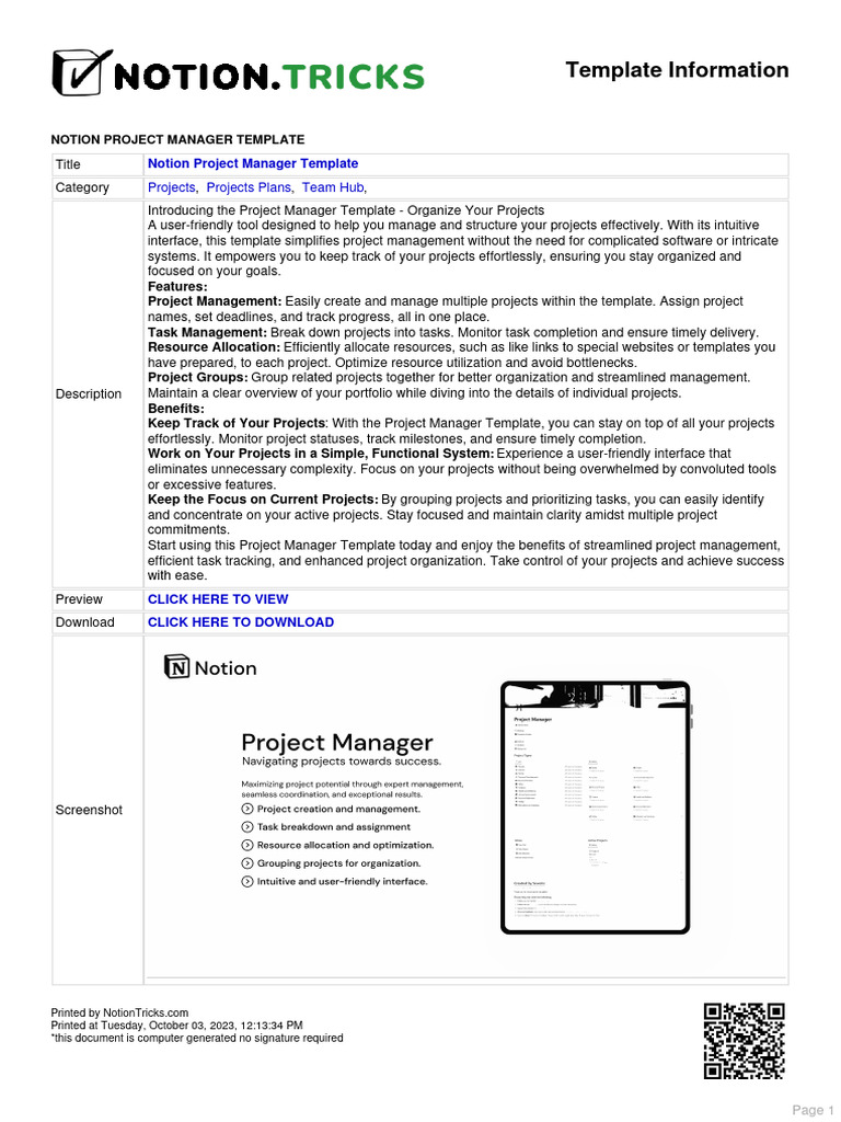 Notion Template - Notion Project Manager Template | PDF | Project ...