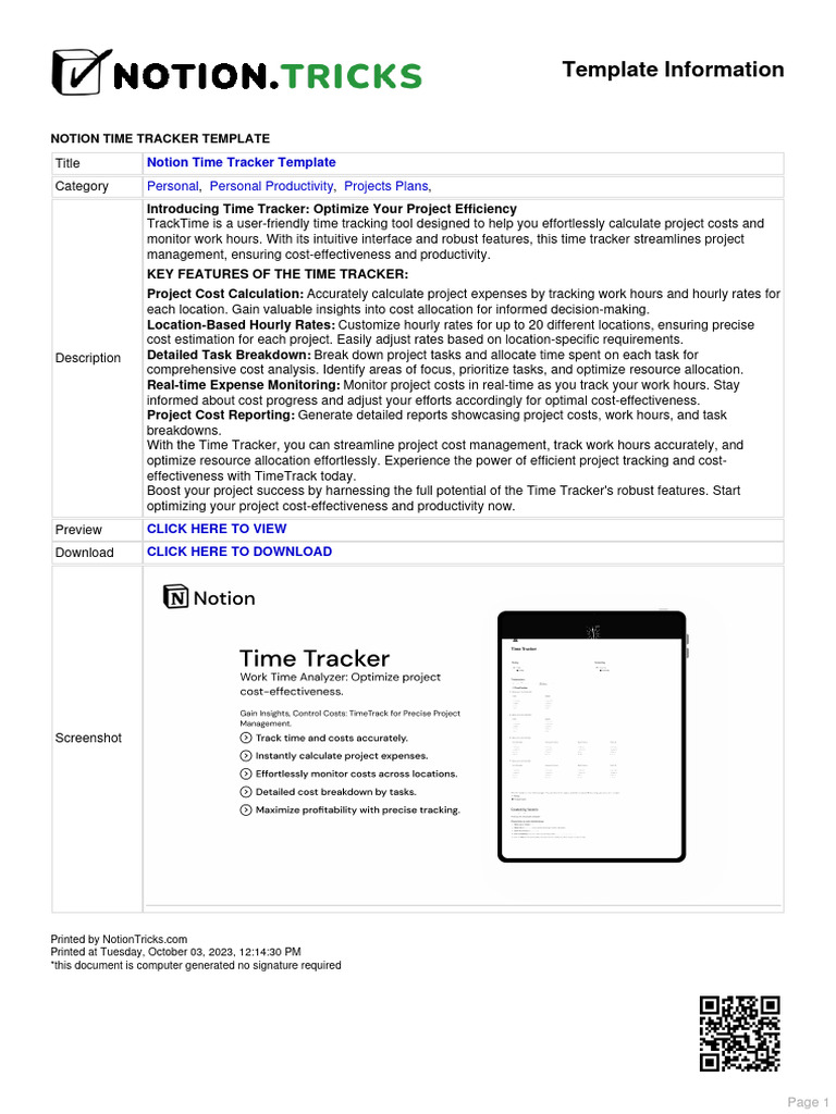 Notion Time Tracker Template Guide | PDF | Usability | Business