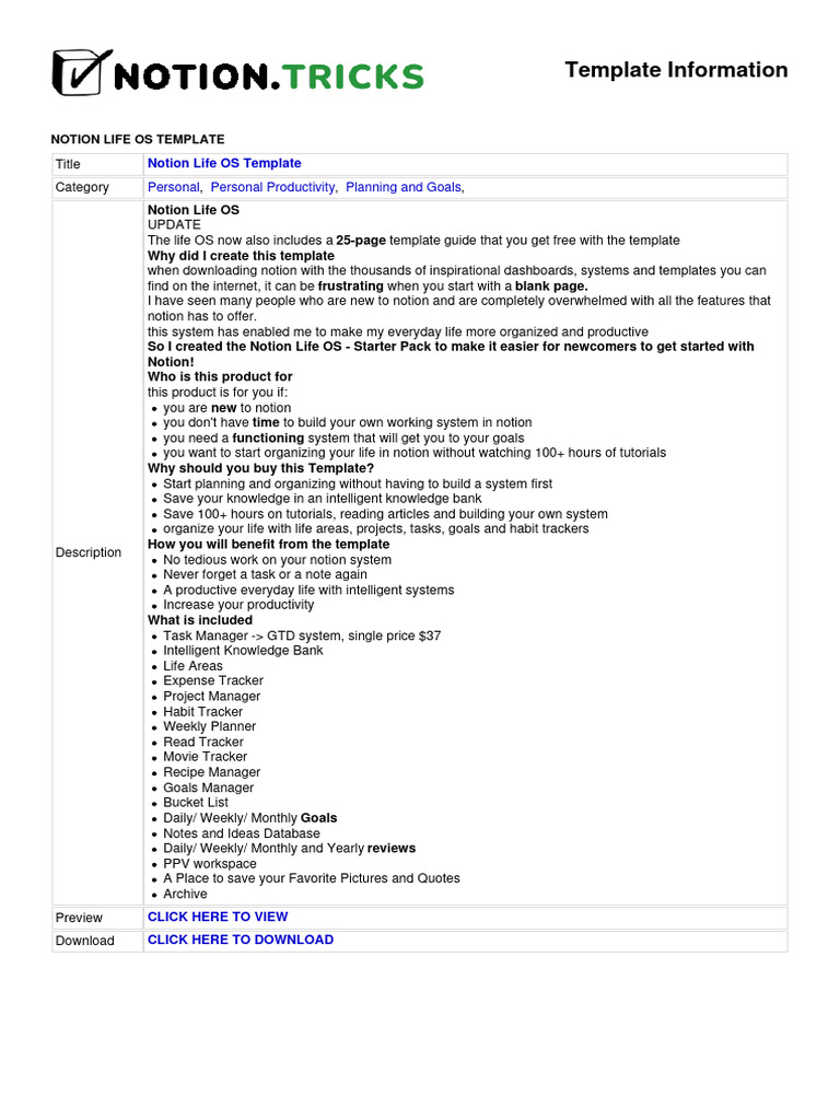 Free Notion Life OS Template Guide | PDF | Information Technology ...