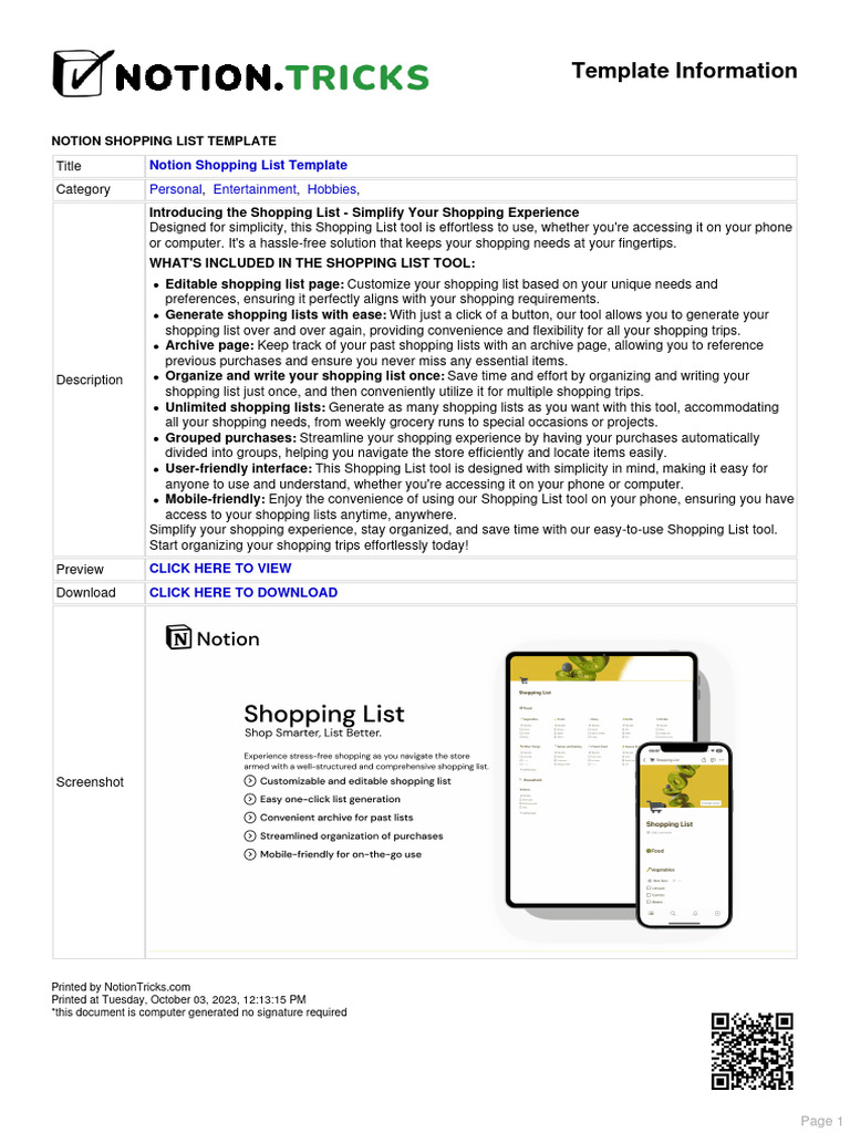 Notion Template - Notion Shopping List Template | PDF | Information ...