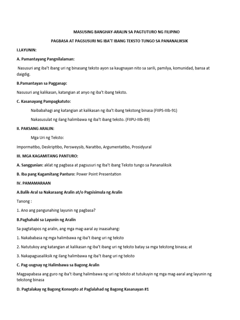 Balangkas NG Banghay Aralin - Pagbasa (F11PS-IIIb-91 F11PU-IIIb-89) | PDF