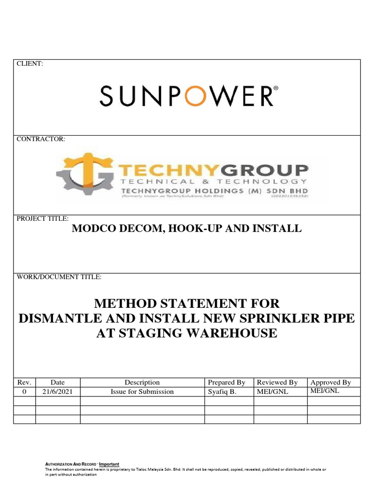 MOS - To Dismantle and Install New Sprinkler Pipe at Staging Area | PDF ...