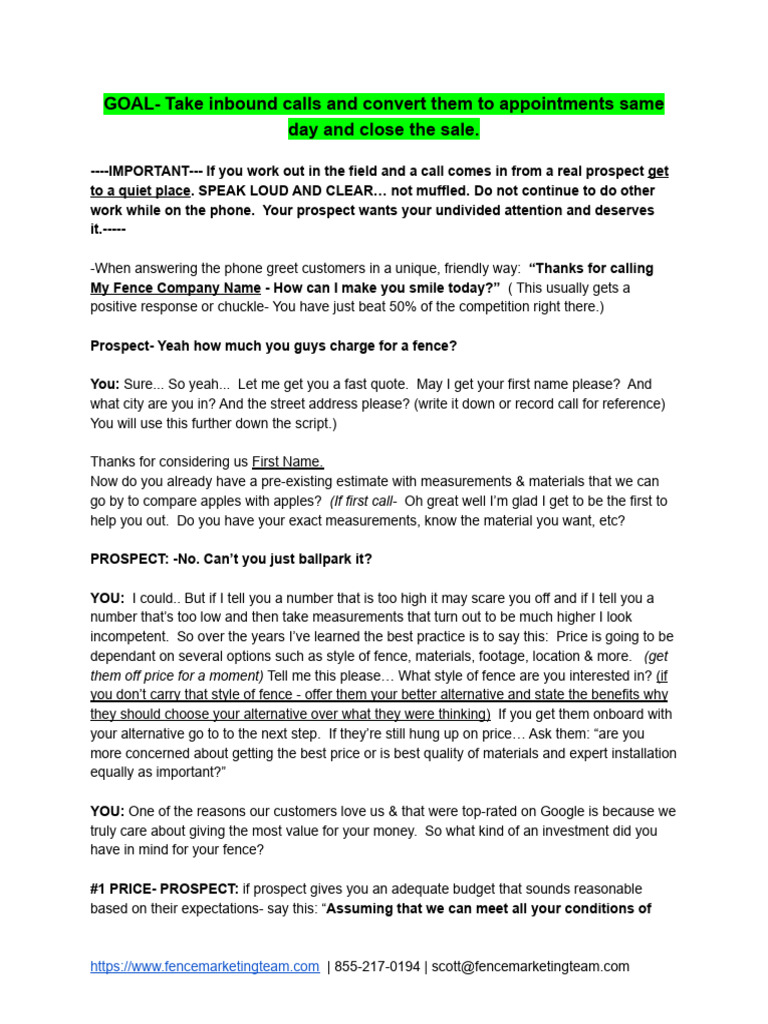 Inbound Sales Call Script for Fencing | PDF