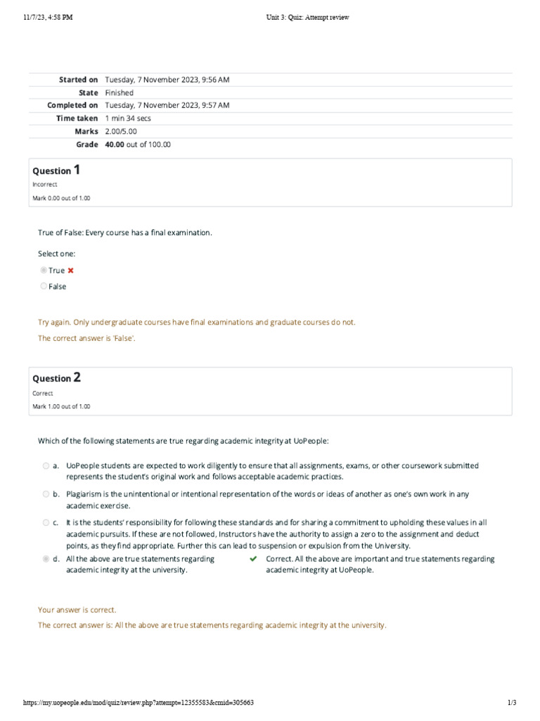 Unit 3 - Quiz - Attempt Review | PDF | Academic Integrity | Plagiarism