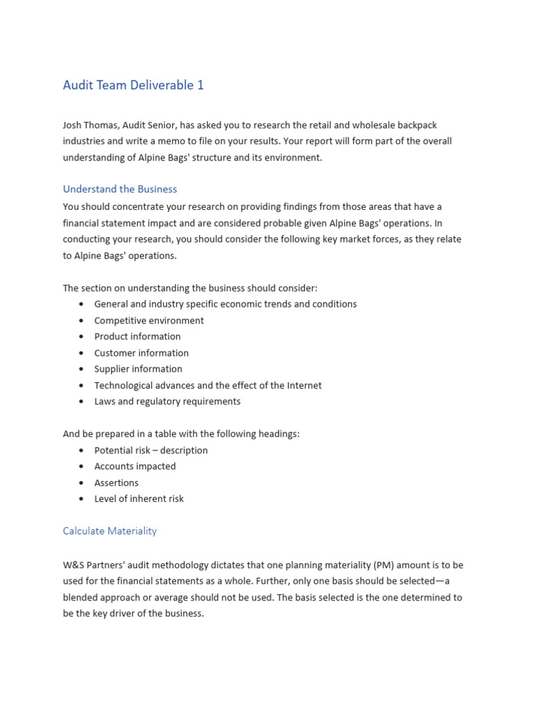 Audit Team Deliverable 1 | PDF | Risk | Audit