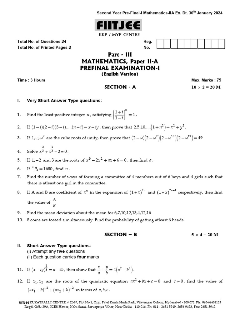 SR Maths-Iia Pf-I Ex. Dt. 30.01.2024 Q.P | PDF | Arithmetic | Mathematical Concepts