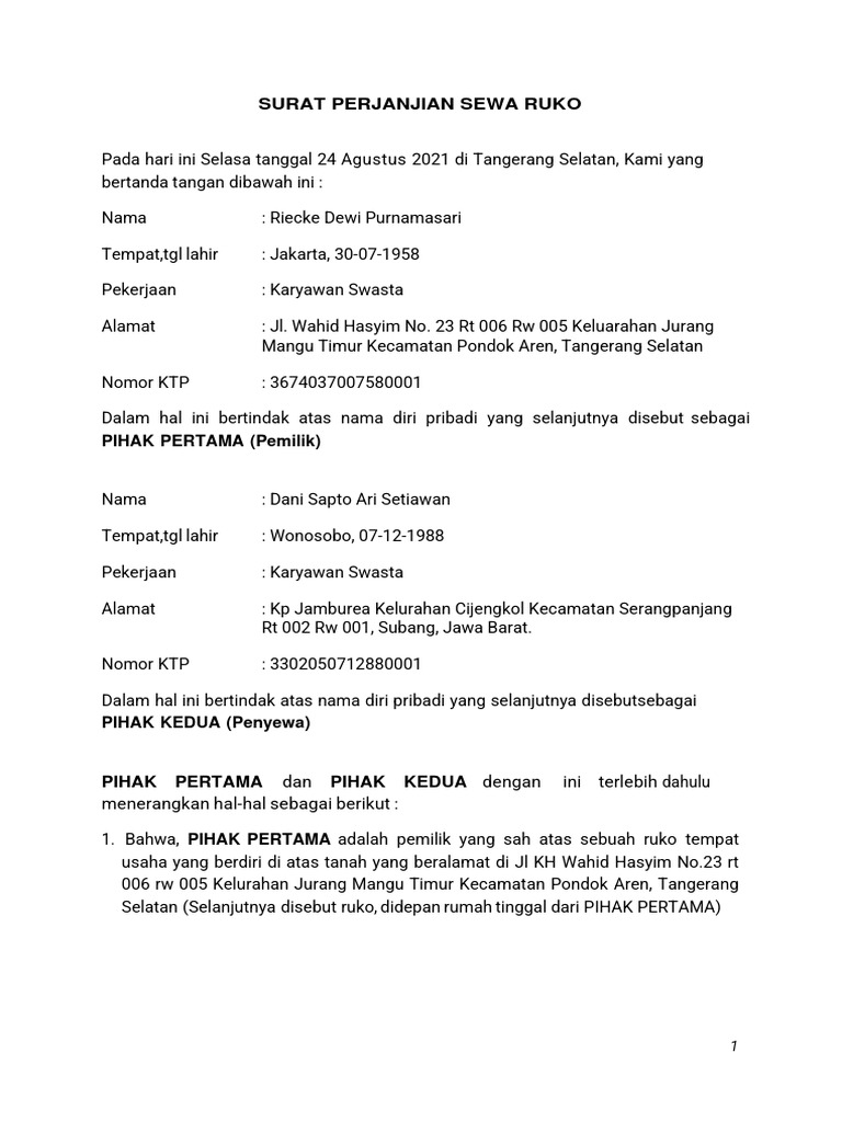 Surat Perjanjian Sewa Ruko Sederhana | PDF