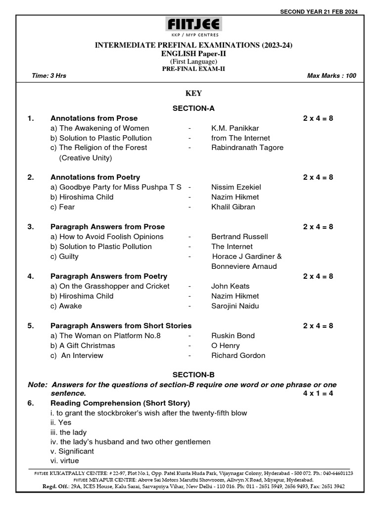 Second Year English Prefinal-2 Key 21.02.2024 | PDF