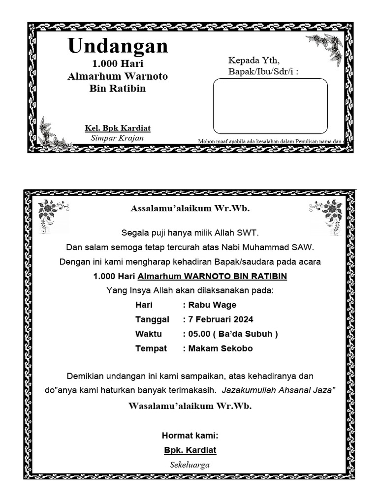 Undangan Yasin - Tahlil | PDF