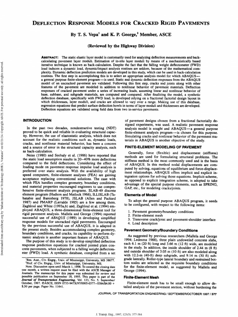 George Vepa 1997 Deflection Response Models For Cracked Rigid Pavements Pdf Finite Element