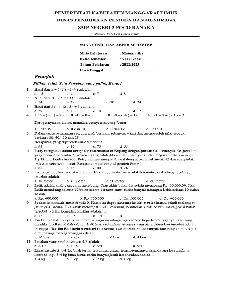 Soal Pas Matek Kls 7 20232024-Smtr Ganjil - 3 PR | PDF | Metode & Bahan Ajar