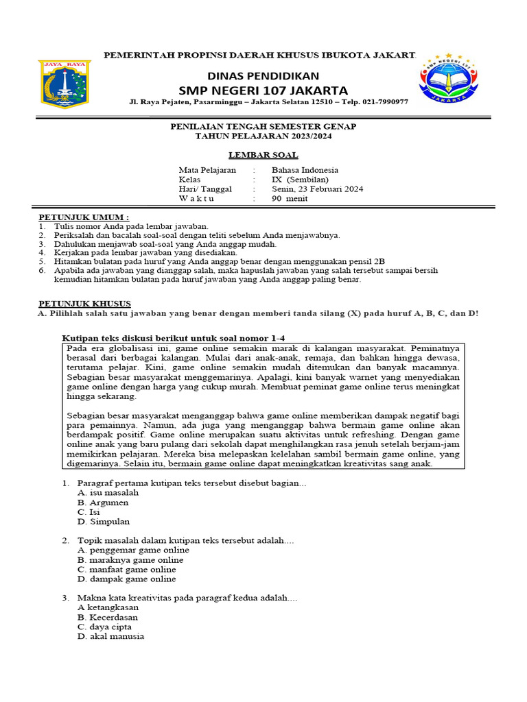 Soal Pts Kls 9 SMT Genap 2024 | PDF | Ilmu Sosial